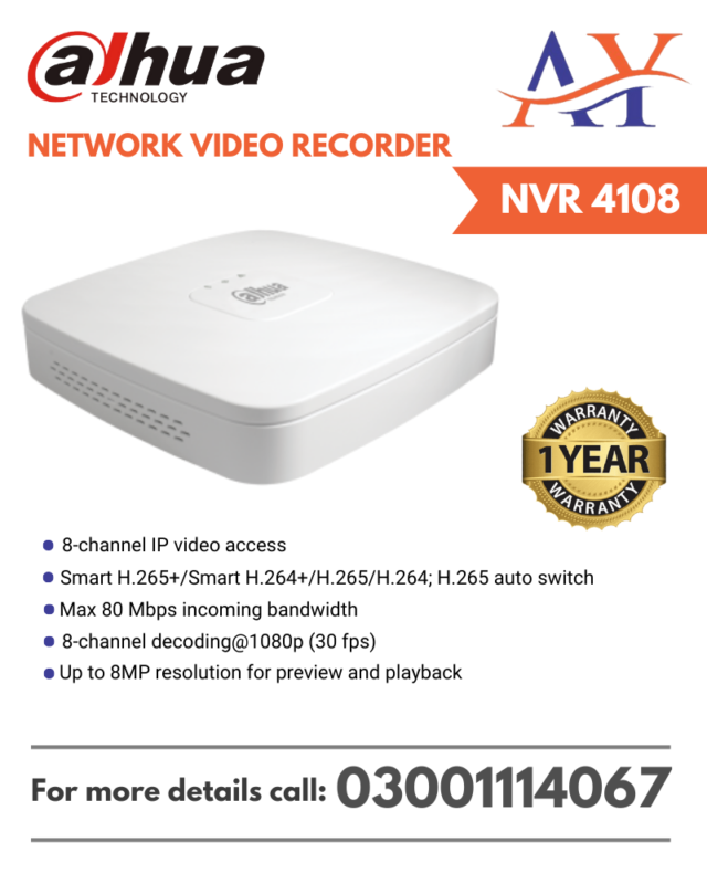 Dahua NVR4108-4K 8CH Smart 1U Network Video Recorder - AY Tech Solutions